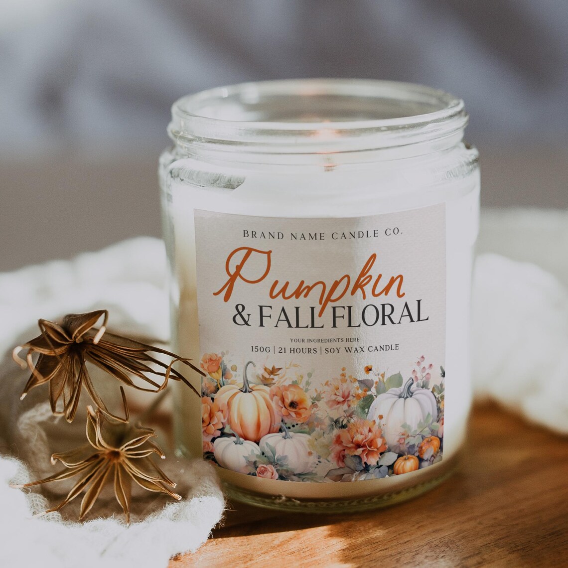Fall Pumpkin and Flowers Candle Label Canva Template, Editable Autumn ...