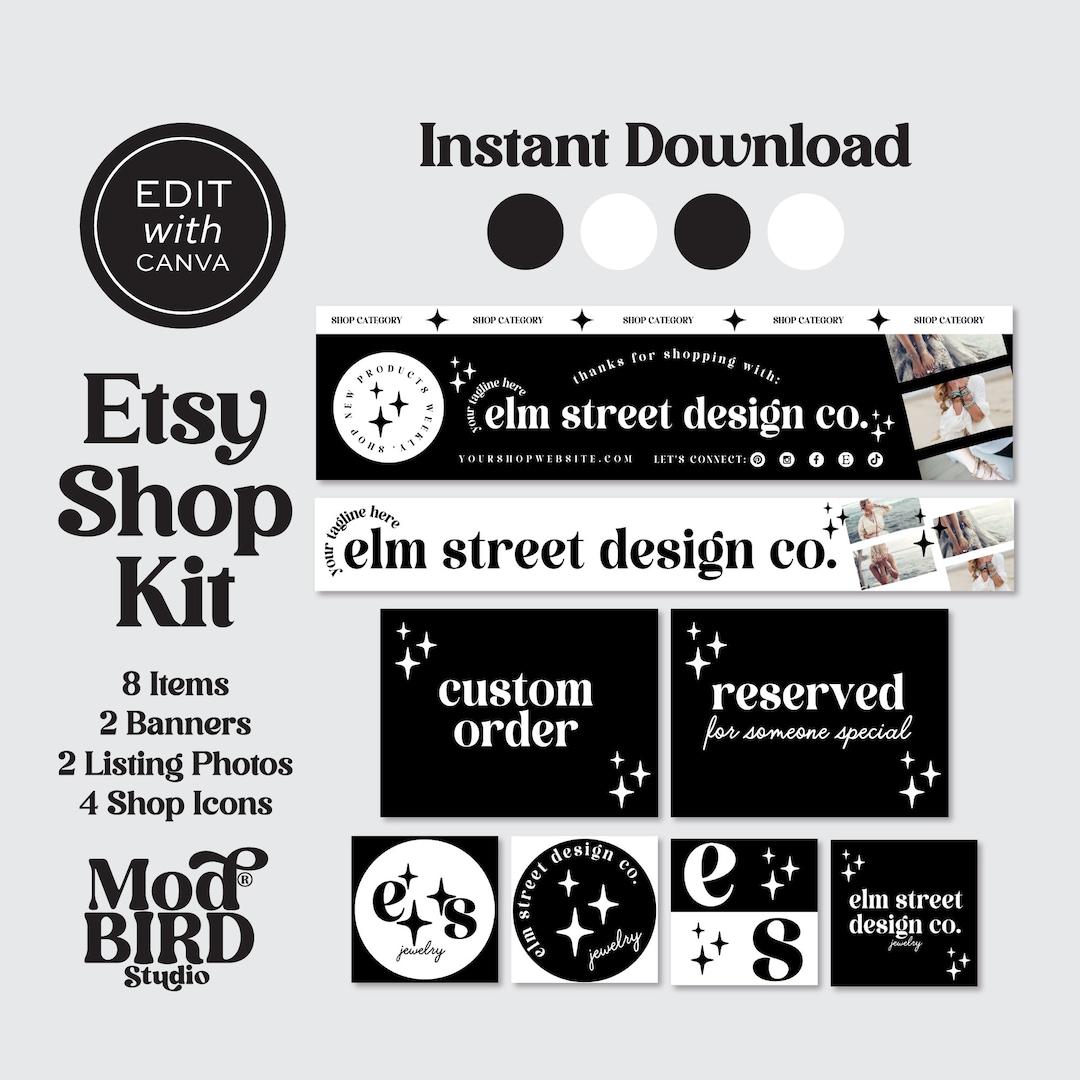 Retro Etsy Shop Template Kit Canva, Black and White Etsy Shop Banner, Modern Shop Branding, Etsy ...