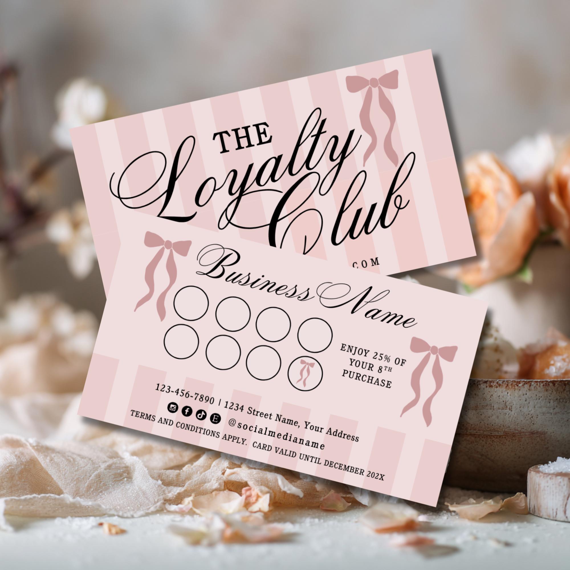 Luxury Pink Loyalty Card Template, Editable Coquette Bow Punch Card ...