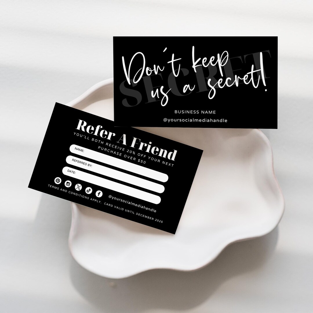 Black Refer A Friend Business Card Canva Template, Printable Referral ...