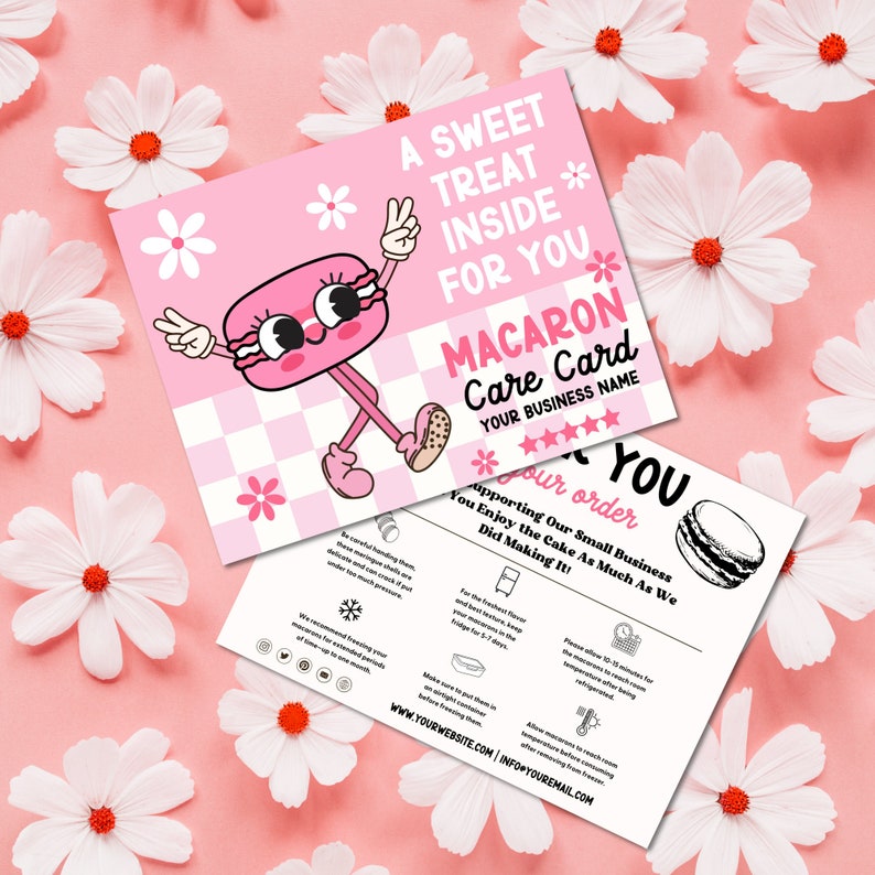 Macarons Care Card Template Canva, Editable Retro Macarons Care Cards ...