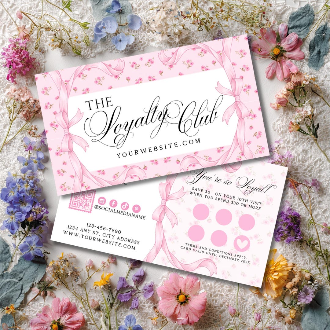 Coquette Pink Bow Loyalty Card Template, Editable Punch Card Canva ...