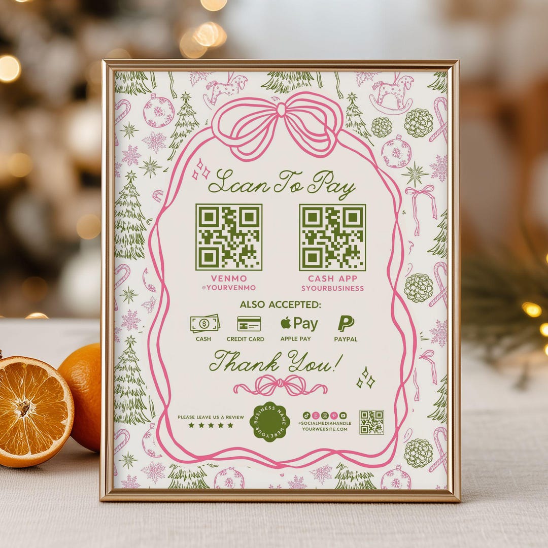 Editable Coquette Christmas QR Code Payment Sign, Vintage Holiday ...