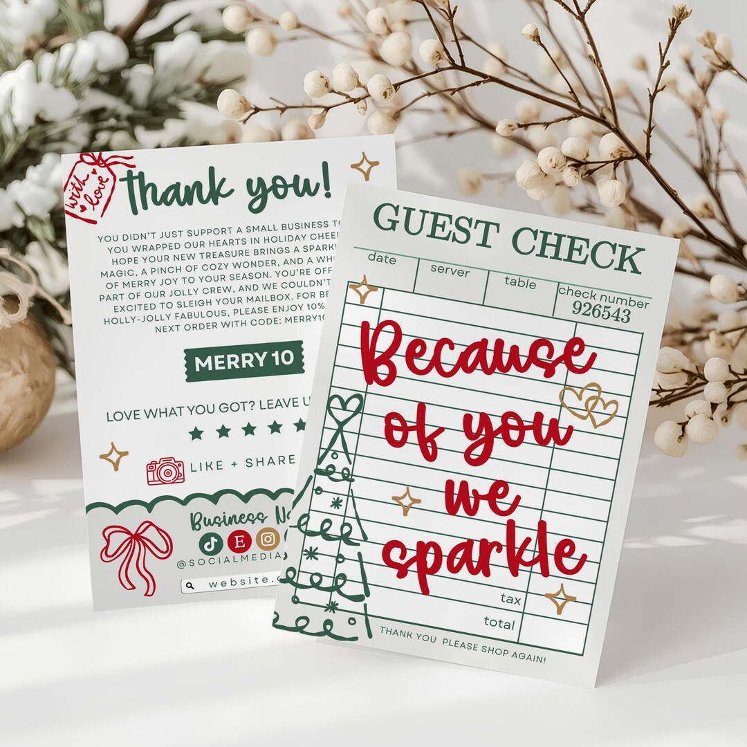 Festive Guest Check Thank You Card Template, Editable Christmas ...