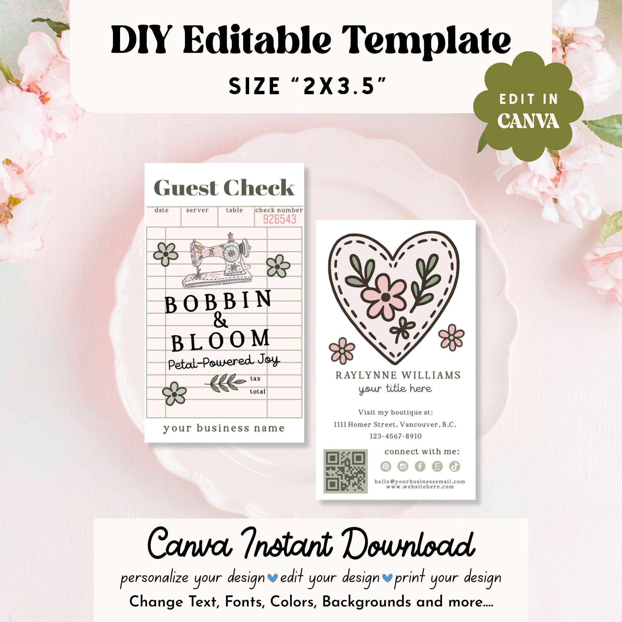 Editable Sewing Guest Check Business Card, Retro Canva Template, DIY ...