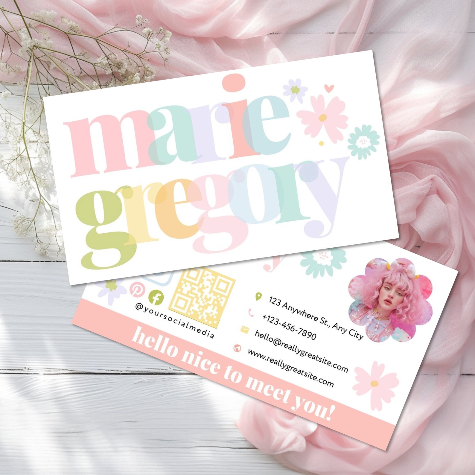 Rainbow Business Card Template QR Code, Pastel Daisy Printable Business ...