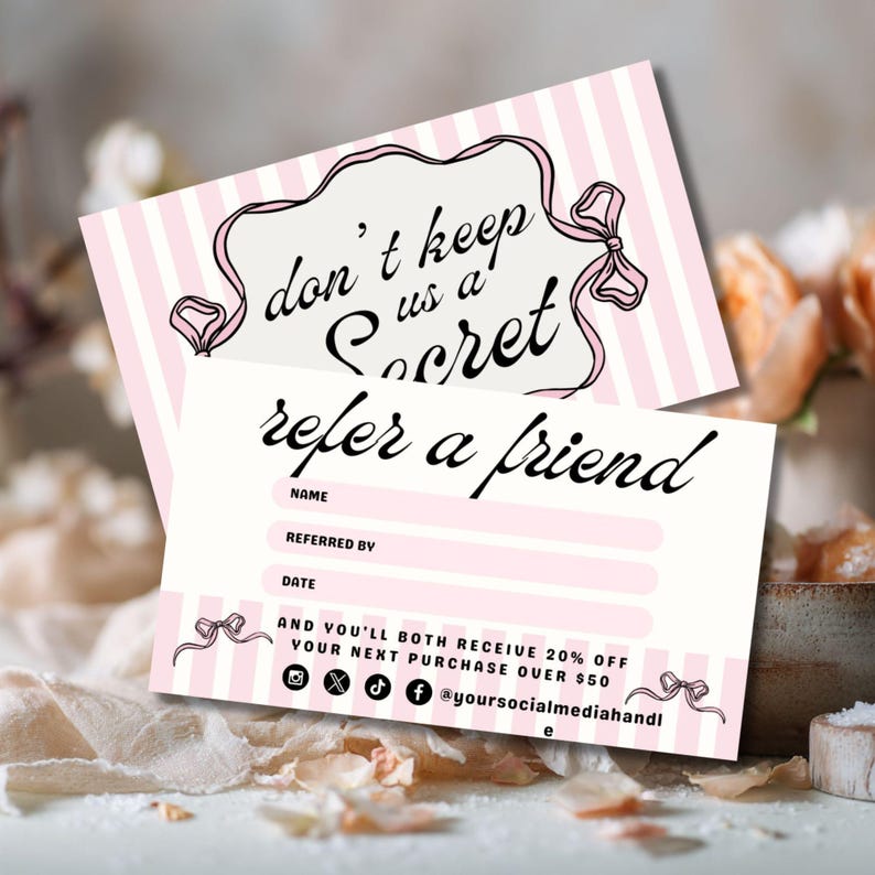 Luxury Pink Coquette Referral Card Template, Editable Rewards Coupon ...