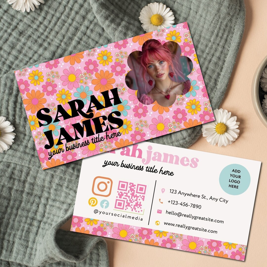 Floral Business Card Template Canva, Editable Pink Flowers Card Design ...