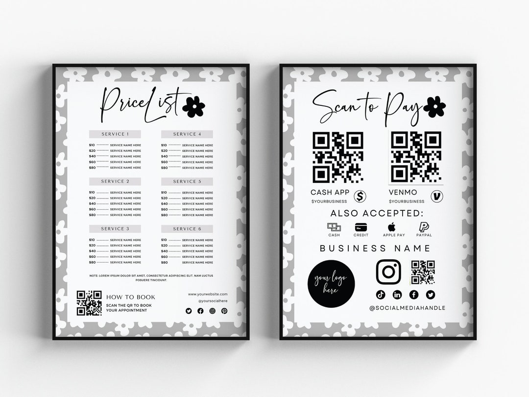 Printable Price List & Payment Sign, QR Code Sign Template, Editable ...