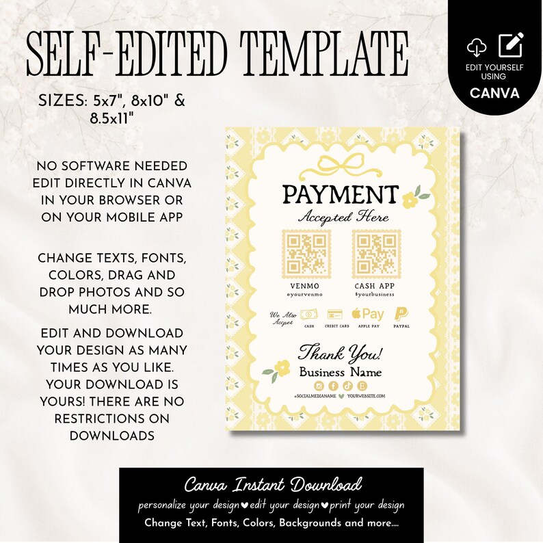 Floral Scan to Pay Sign Canva Template, Editable QR Code Payment Sign ...