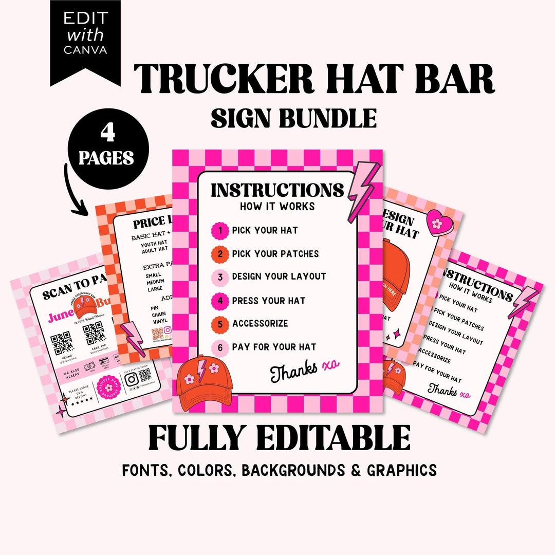 Trucker Hat Bar Signs Canva Template, Hat Bar Price List Sign Template ...