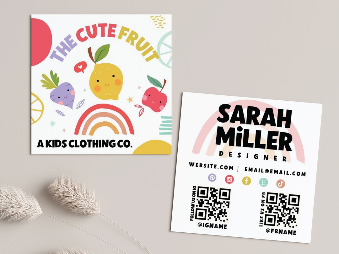 Cute Business Card Template, Bright Printable Square Business Card ...