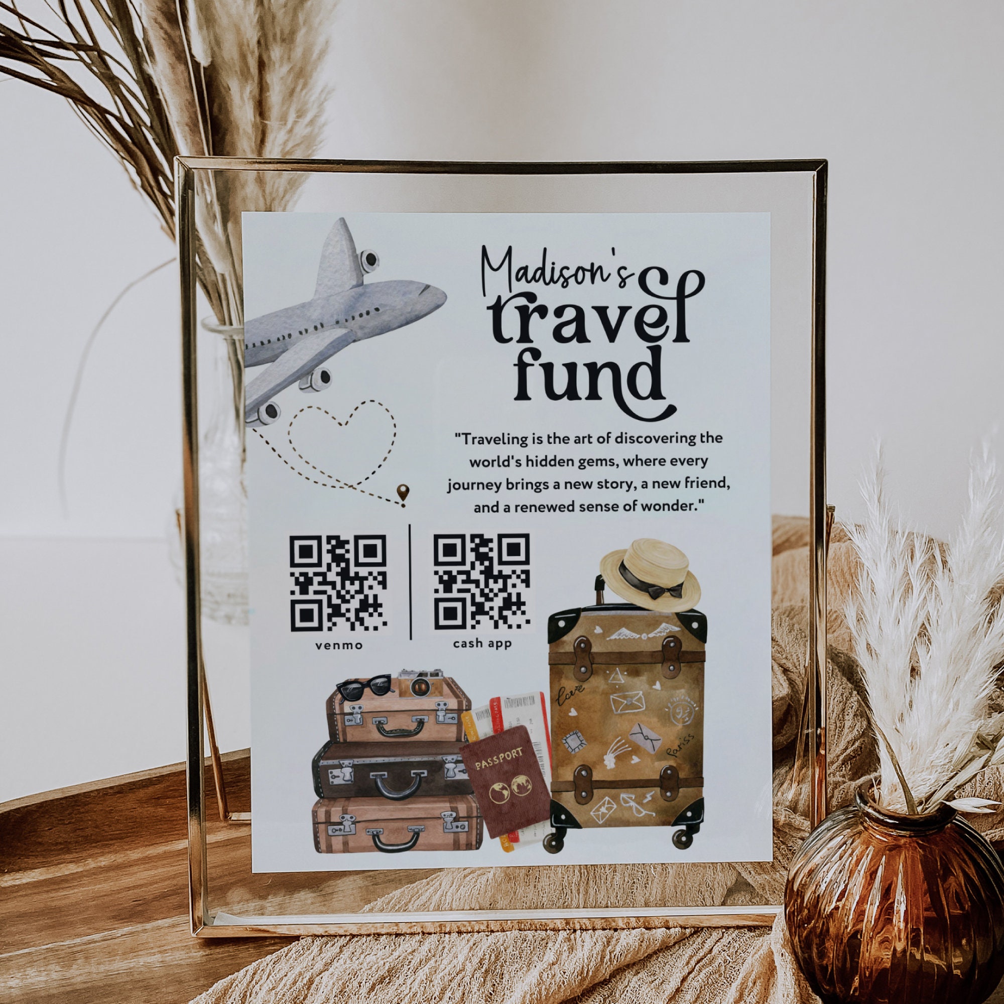 Editable Boho Travel Fund Sign, DIY Modern Retirement Celebration QR ...