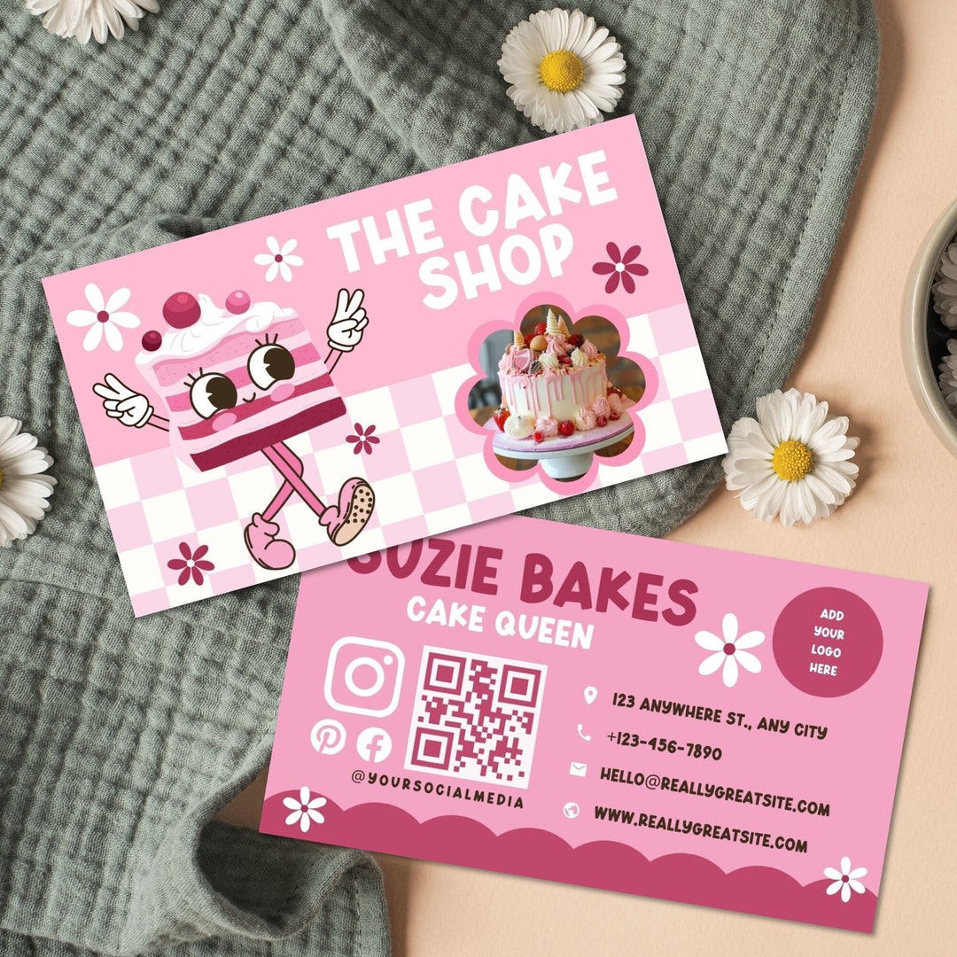 Cake Business Card Template, Printable Retro Business Card Design, QR ...
