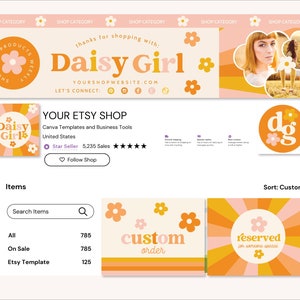 Rainbow Etsy Shop Banner Set, Boho Daisy Etsy Shop Template Kit Canva ...