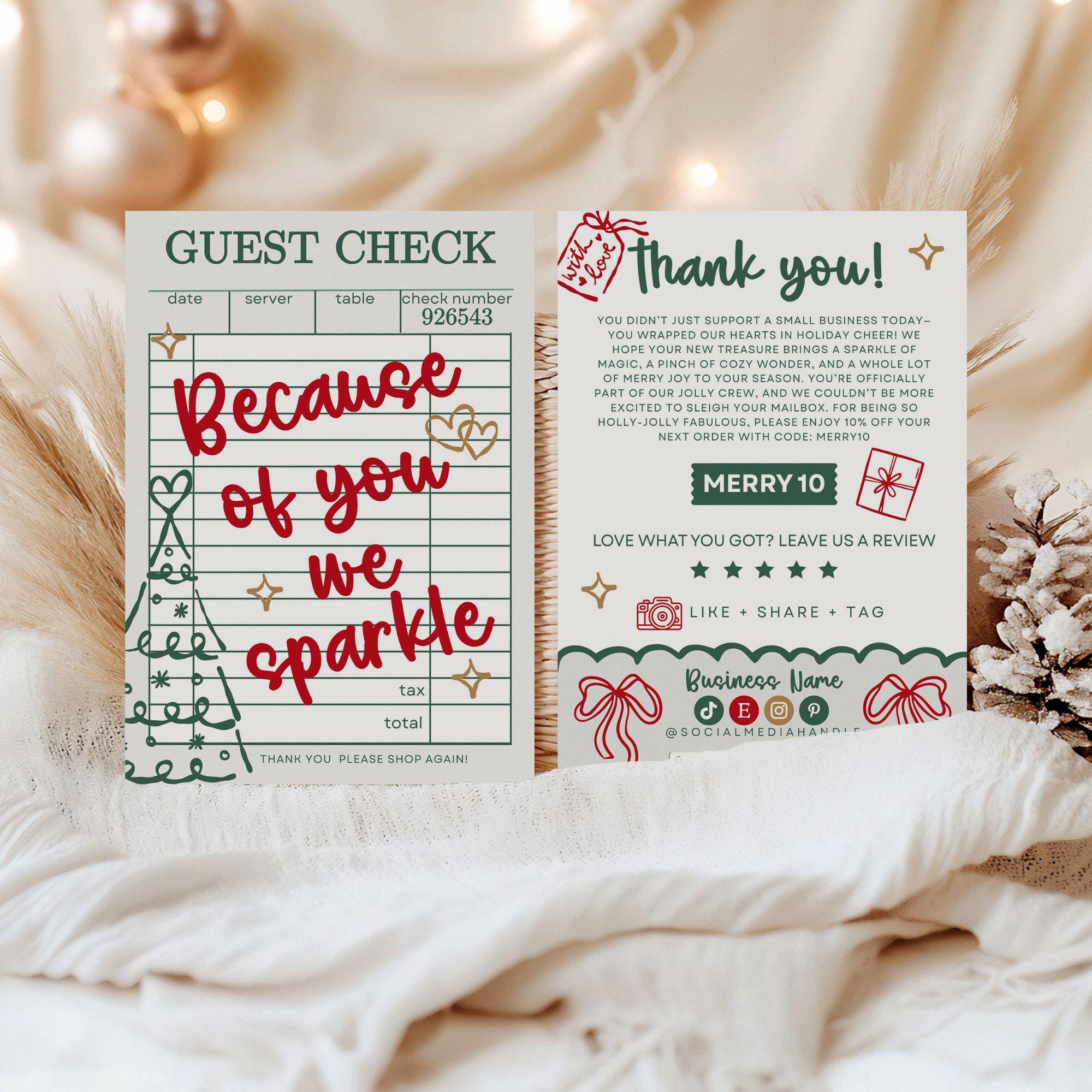 Festive Guest Check Thank You Card Template, Editable Christmas ...