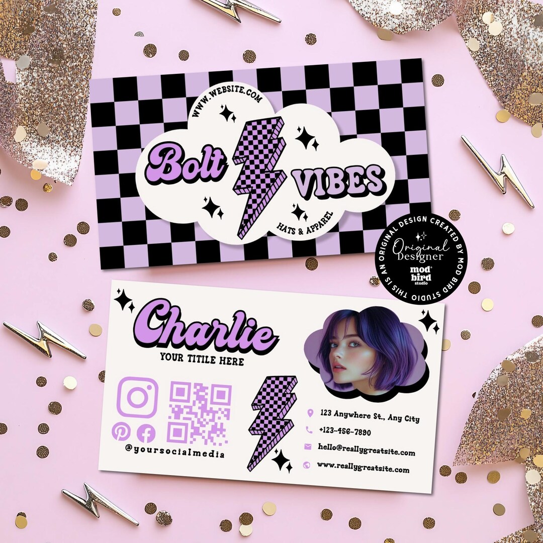 Retro Business Card Template Canva QR Code, Editable Trendy Lightening ...