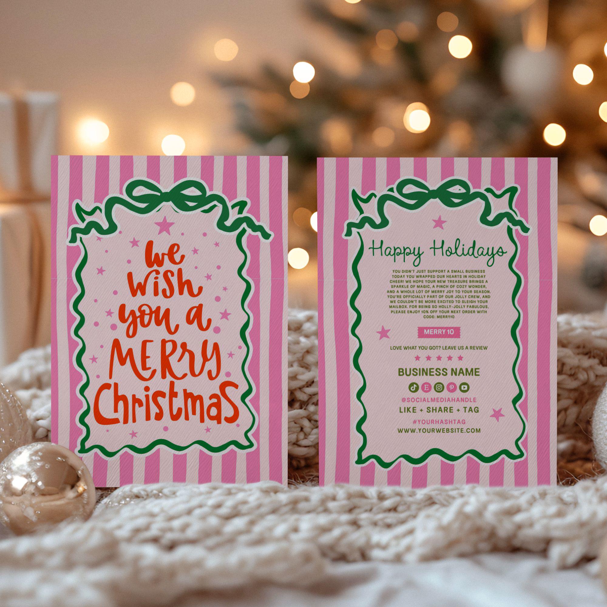 Editable Pink Christmas Thank You Card, Holiday Order Insert Template ...