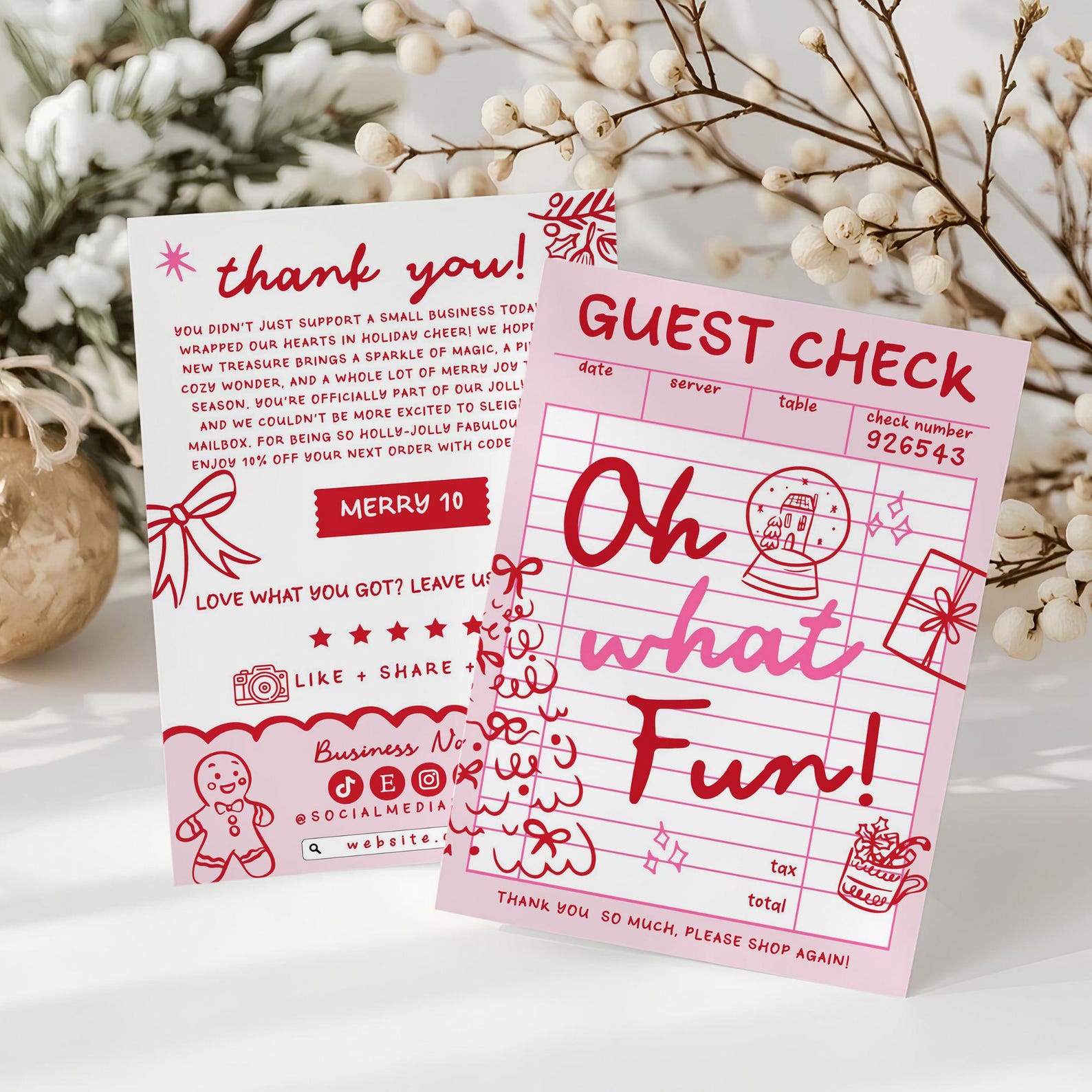 Editable Guest Check Thank You Card Template, Christmas Business ...