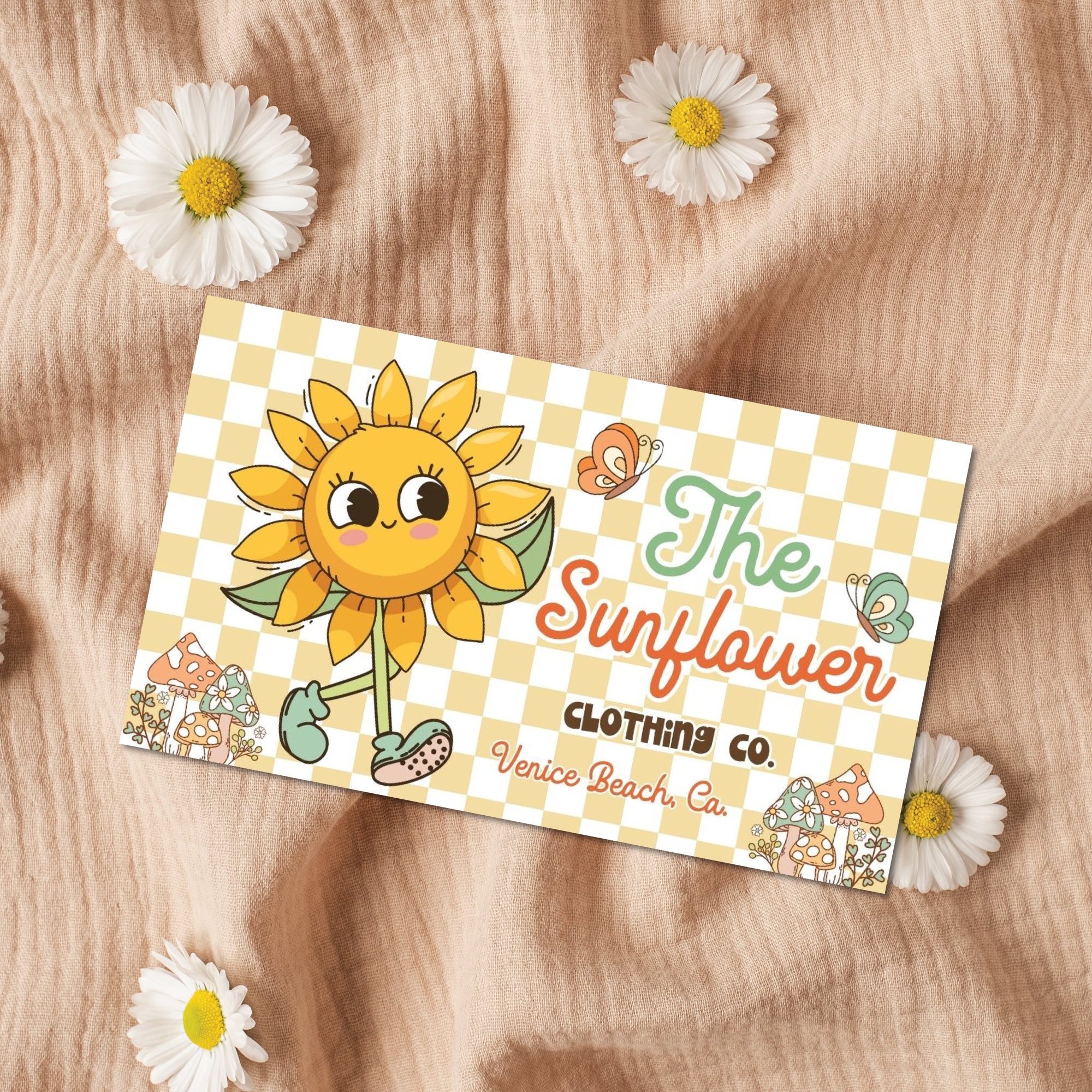 Retro Sunflower Business Card Template, Printable Groovy Business Card ...