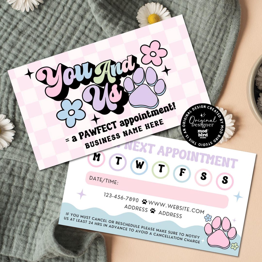 Pet Appointment Reminder Card Canva Template, Retro Paw Editable ...
