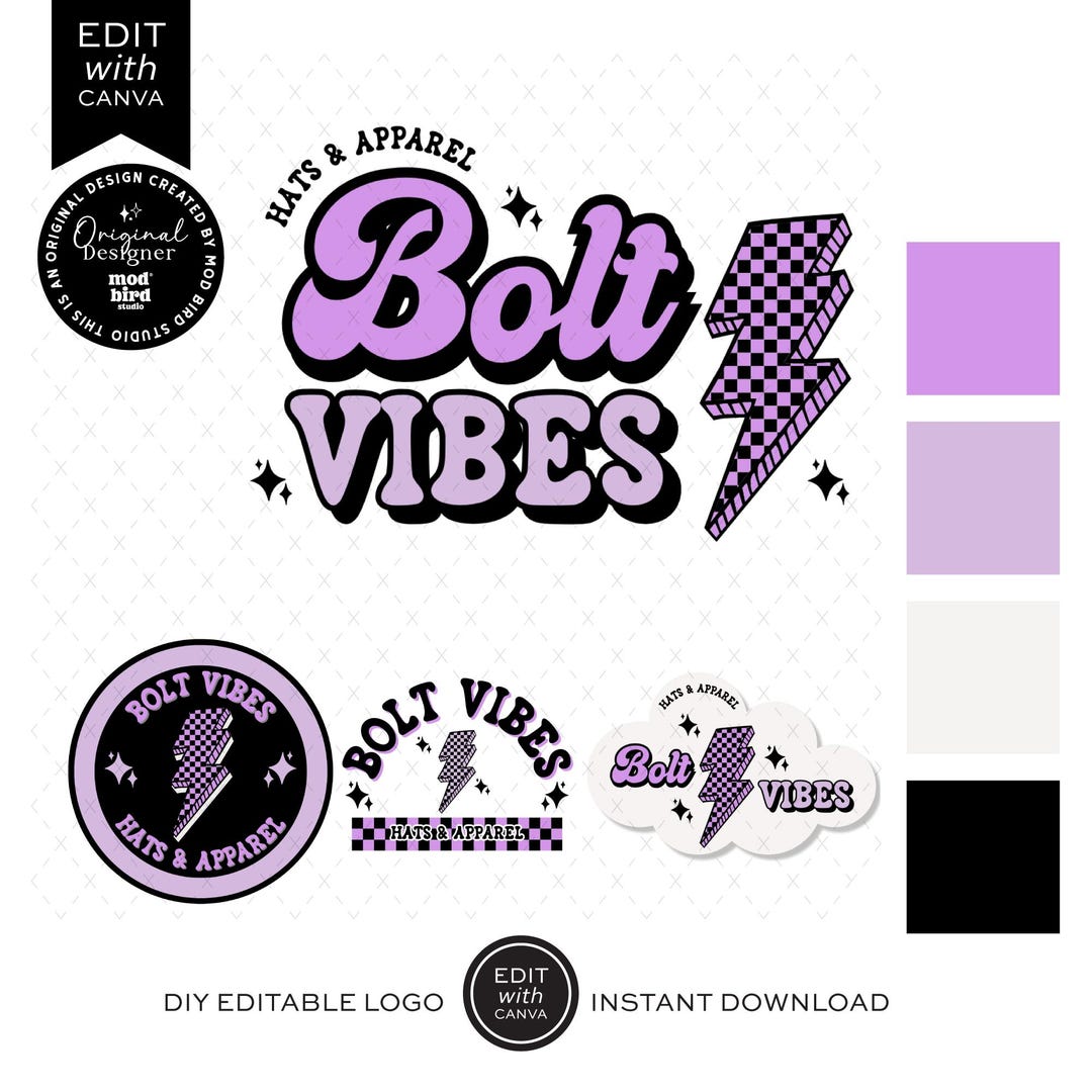 Retro Lightening Bolt Logo Design Template Canva, Editable Trucker Hat ...