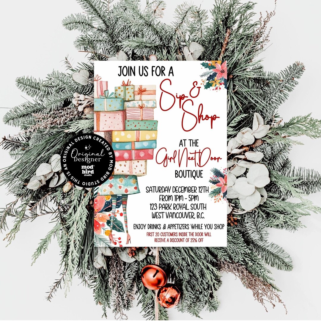 Sip and Shop Holiday Invitation Canva Template, Editable Shop and Sip ...