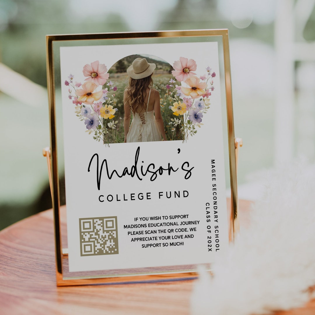 Editable Photo College Fund Sign Template, DIY Grad Party QR Code Sign ...