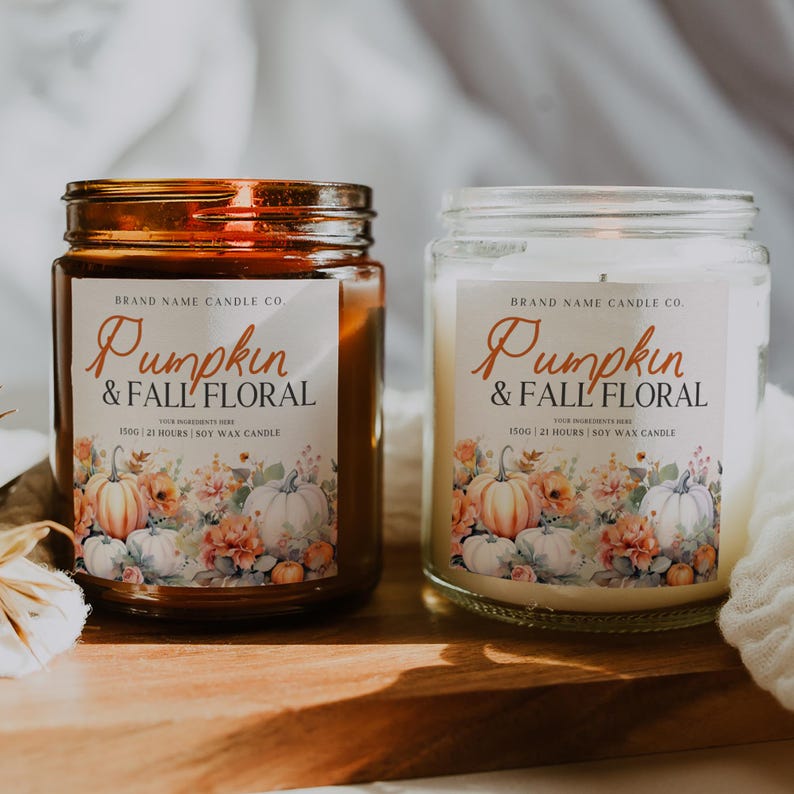 Fall Pumpkin and Flowers Candle Label Canva Template, Editable Autumn ...
