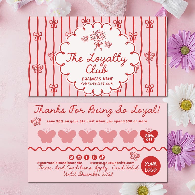 Loyalty Card Canva Template, Editable Coquette Bow Customer Punch Card ...