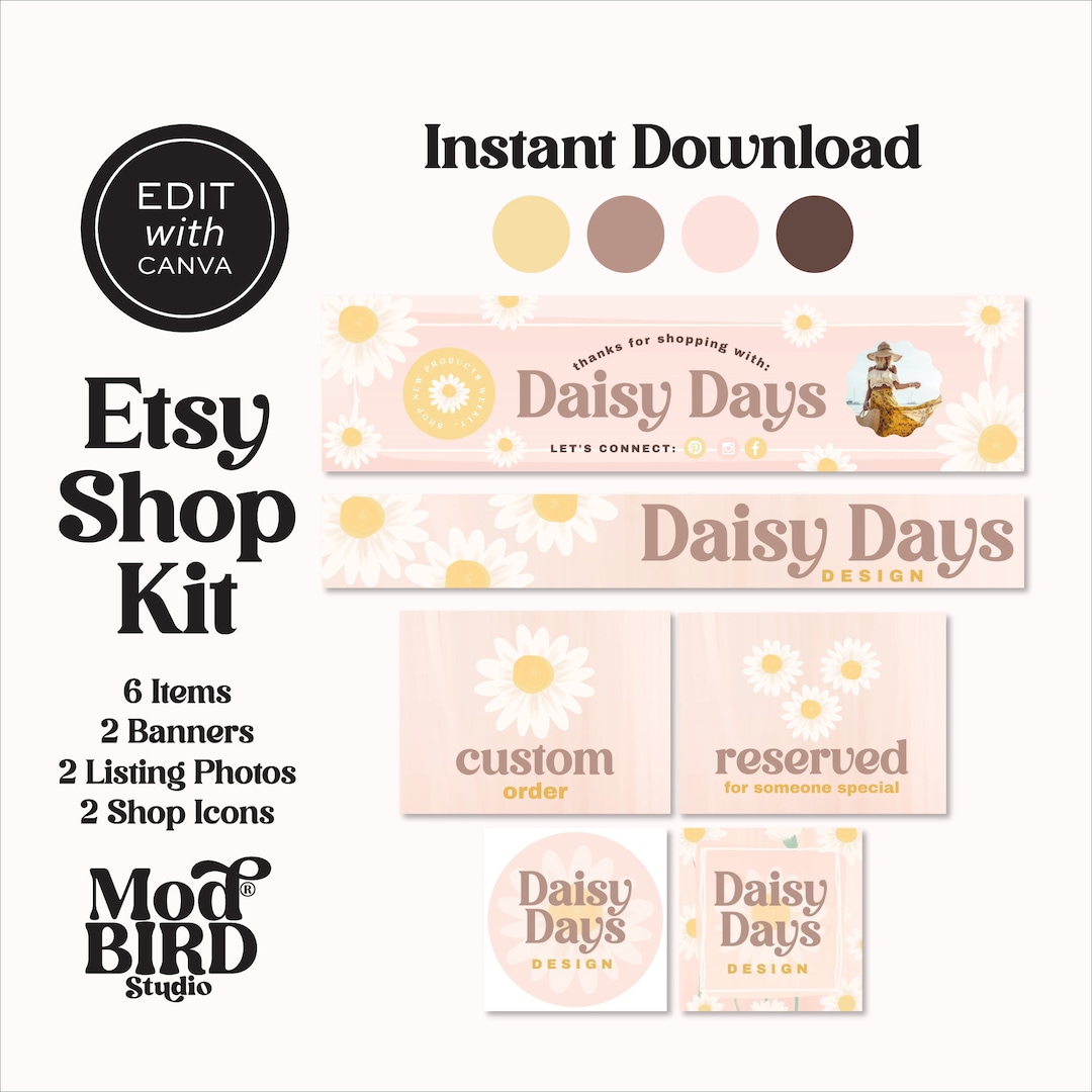 Editable Daisy Etsy Shop Banner, Retro Etsy Banner Canva Template With ...