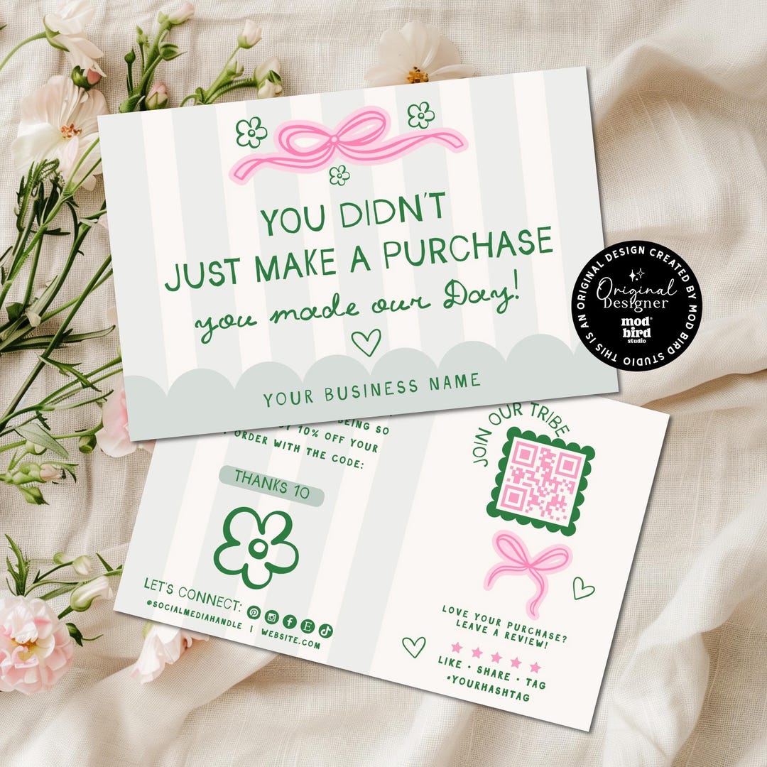 Coquette Preppy Business Thank You Card Canva Template, Cute Printable ...
