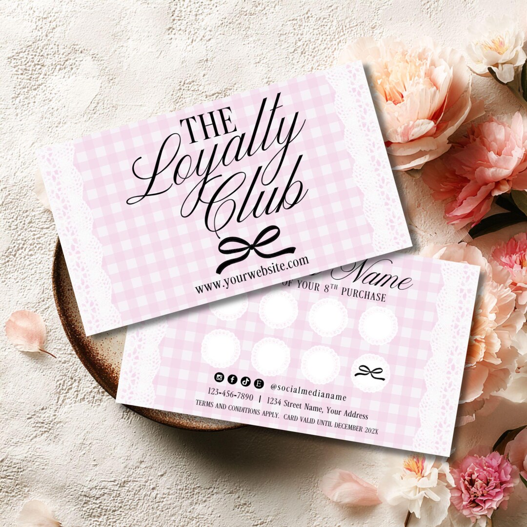 Coquette Pink Gingham Loyalty Card Template, Editable Punch Card, Lace ...