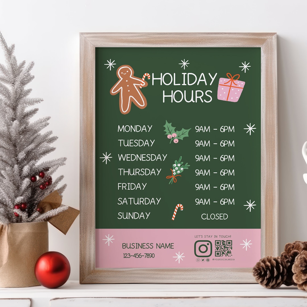 Christmas Business Hours Sign Editable Printable Template, Store Hours ...