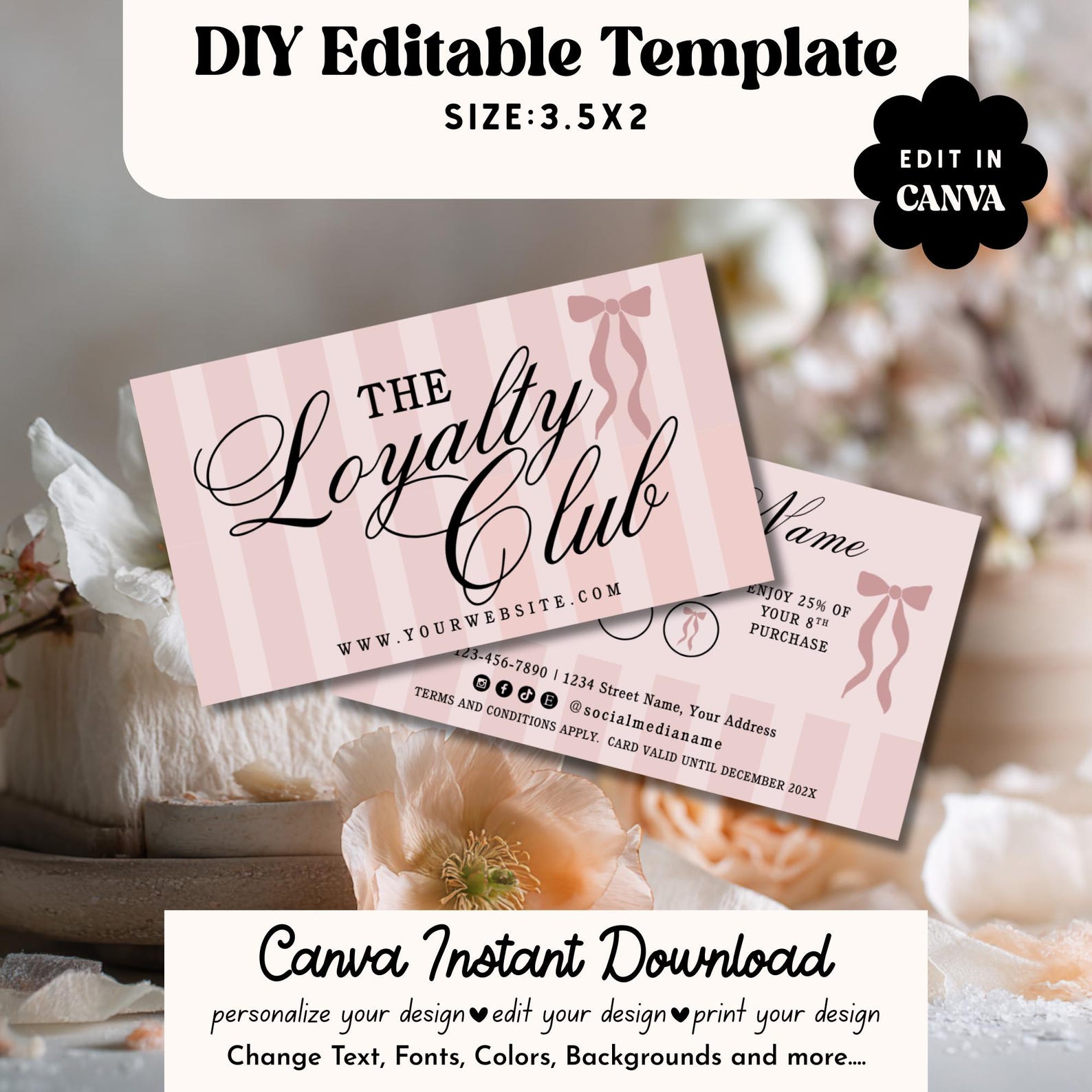Luxury Pink Loyalty Card Template, Editable Coquette Bow Punch Card ...