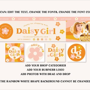 Rainbow Etsy Shop Banner Set, Boho Daisy Etsy Shop Template Kit Canva ...
