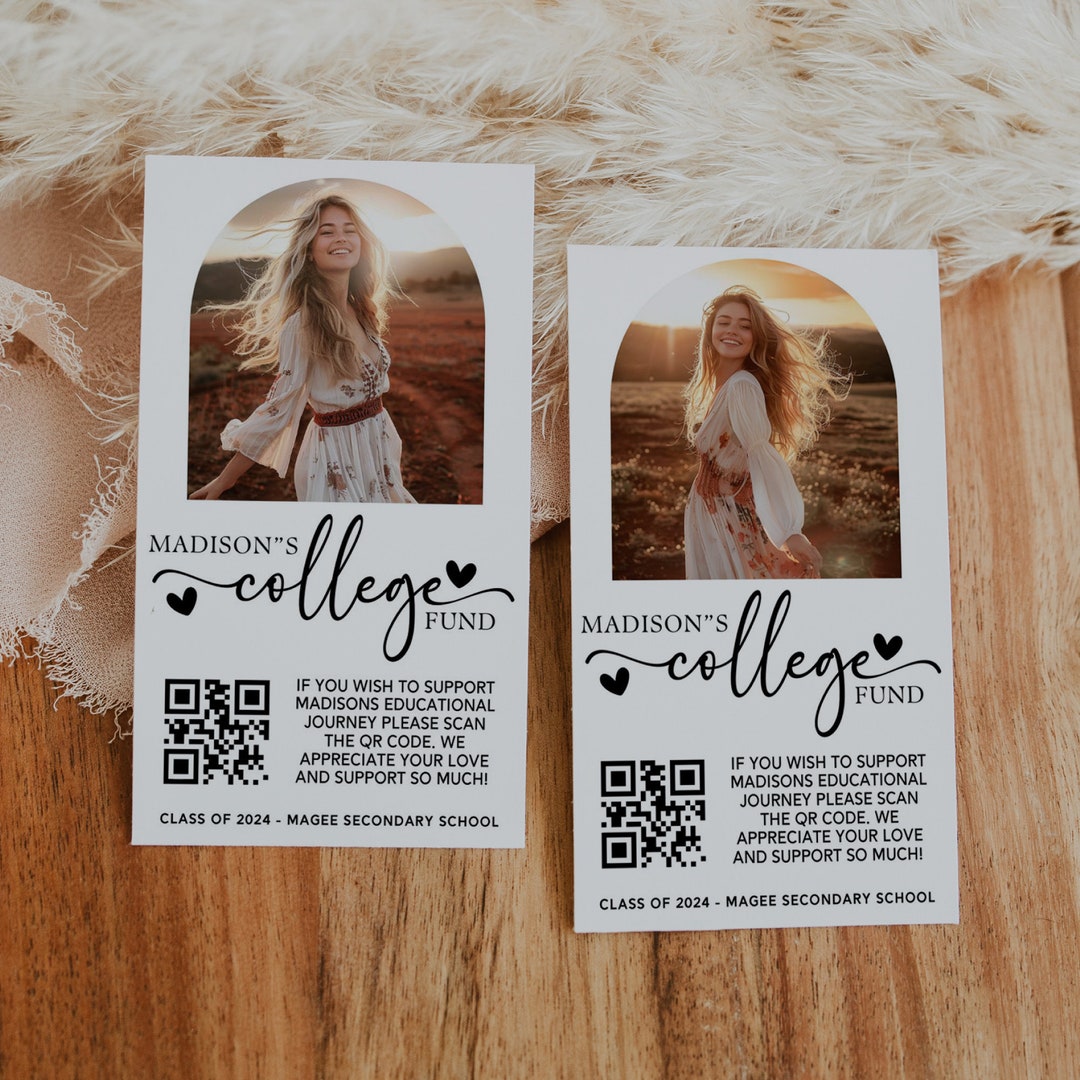 Modern Editable College Fund Card Template, DIY Photo Grad Party QR ...