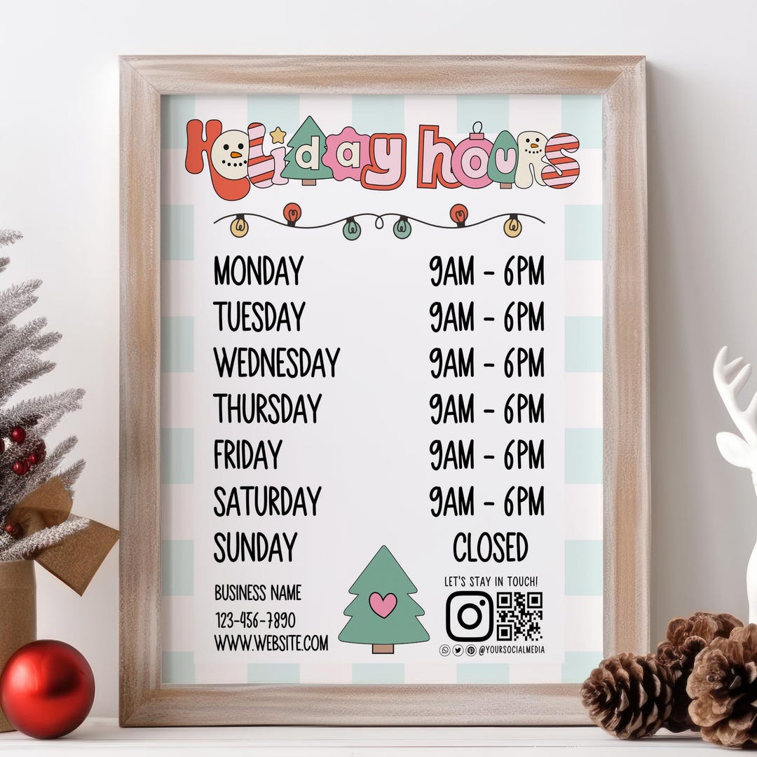 Christmas Business Hours Sign Editable Printable Template, Store Hours ...