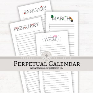 Editable Printable Perpetual Calendar | Perpetual Calendar | Editable ...