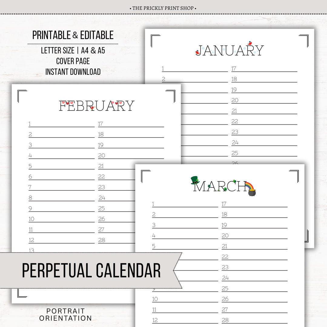 Editable Printable Perpetual Calendar | Perpetual Calendar | Editable ...