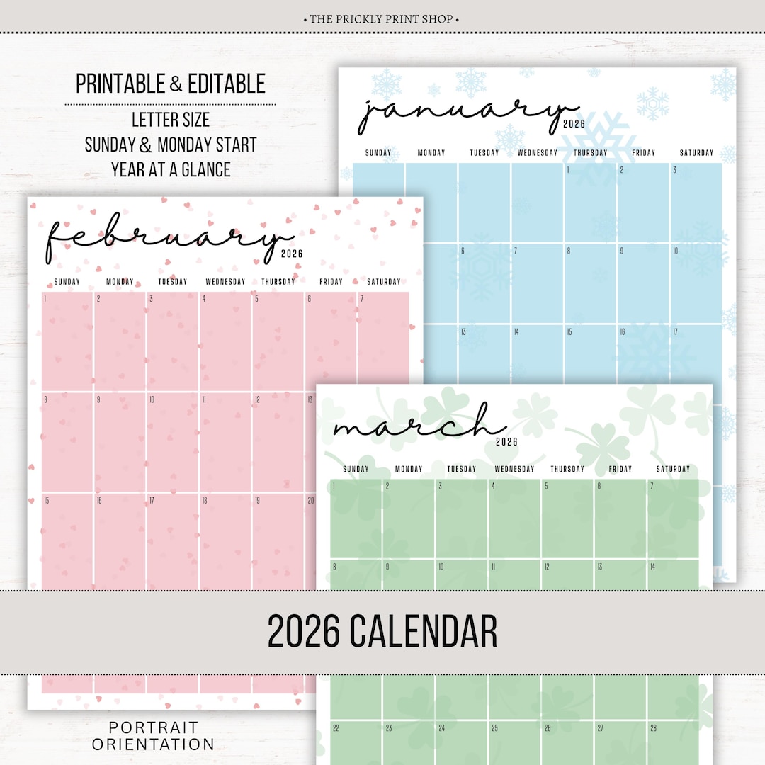 2026 Calendar | Printable Editable Calendar | Portrait Calendar ...