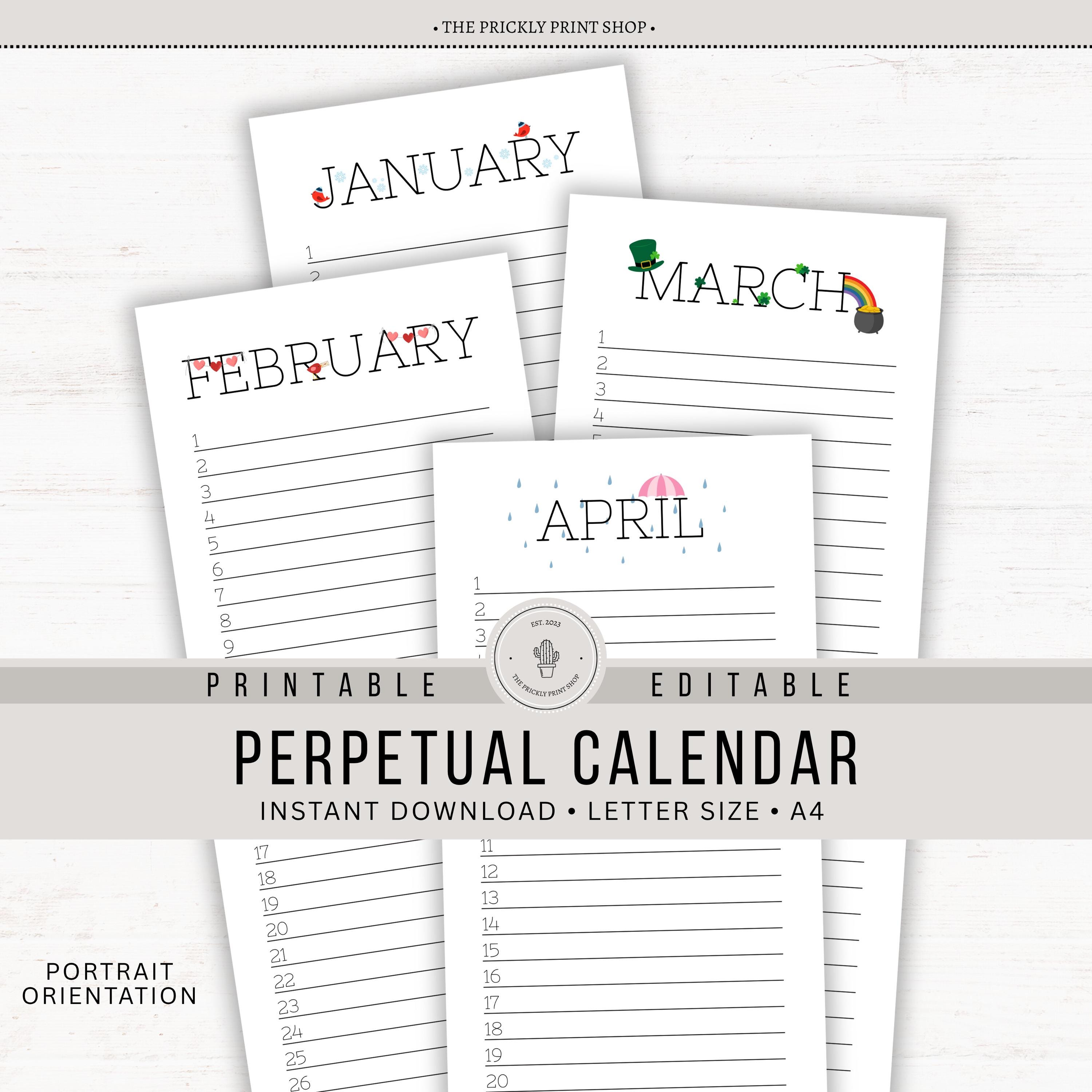 Editable Printable Perpetual Calendar | Perpetual Calendar | Editable ...