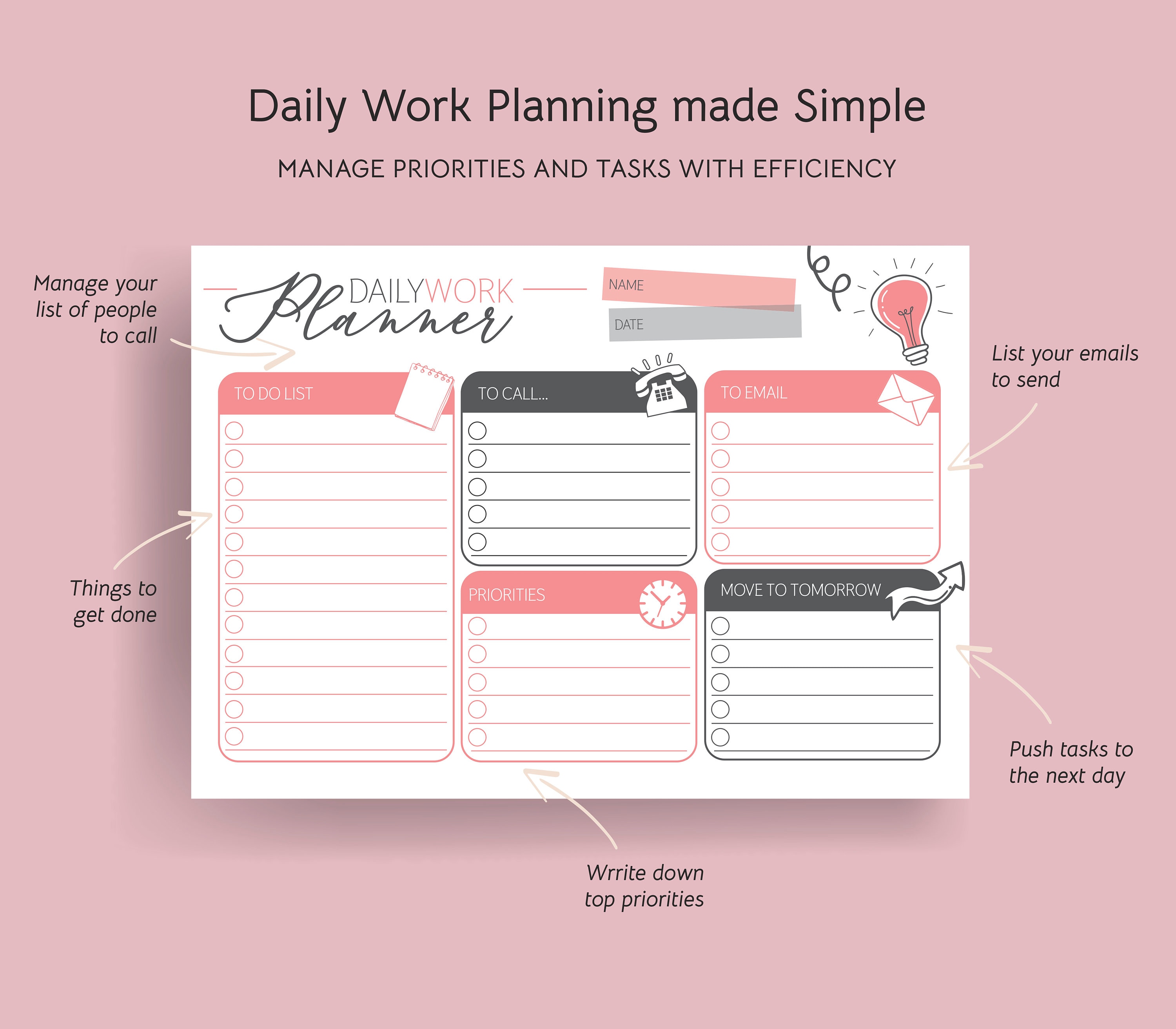 Printable Daily Work Planner, Landscape, A4, A5, Letter, Organizer, to ...