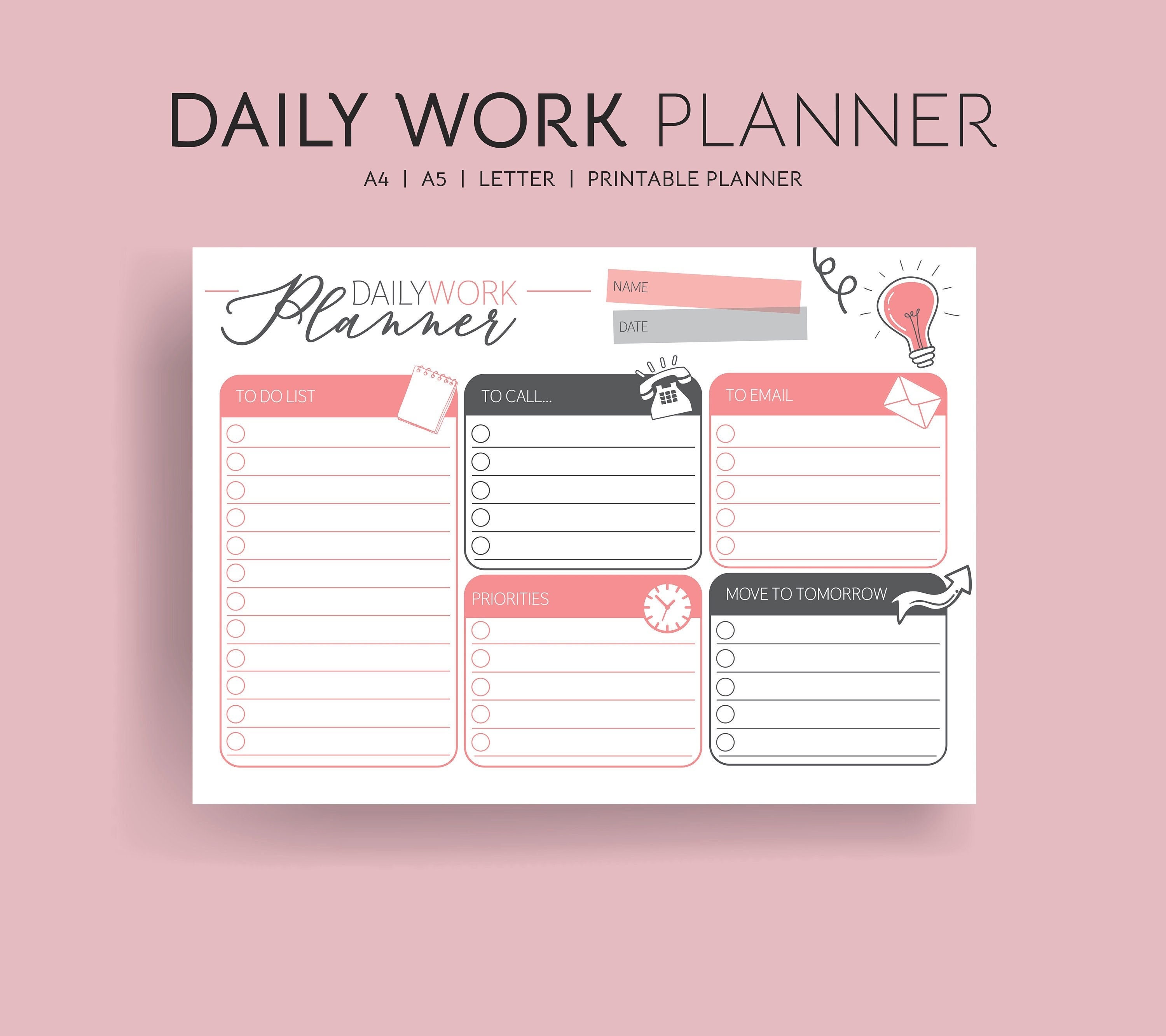 Printable Daily Work Planner, Landscape, A4, A5, Letter, Organizer, to ...