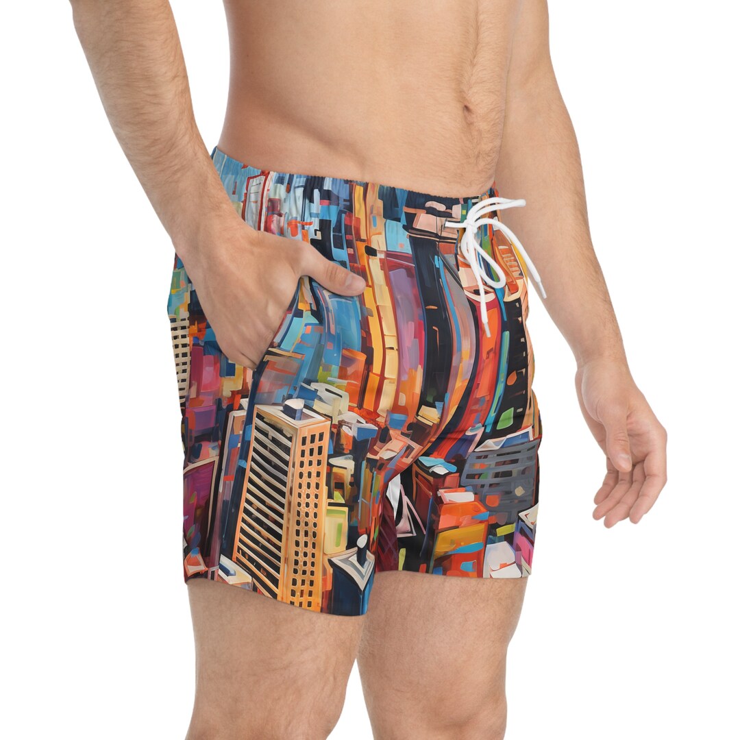 Swim Trunks AOP With a Colorful Abstract City Colors From Above, City ...