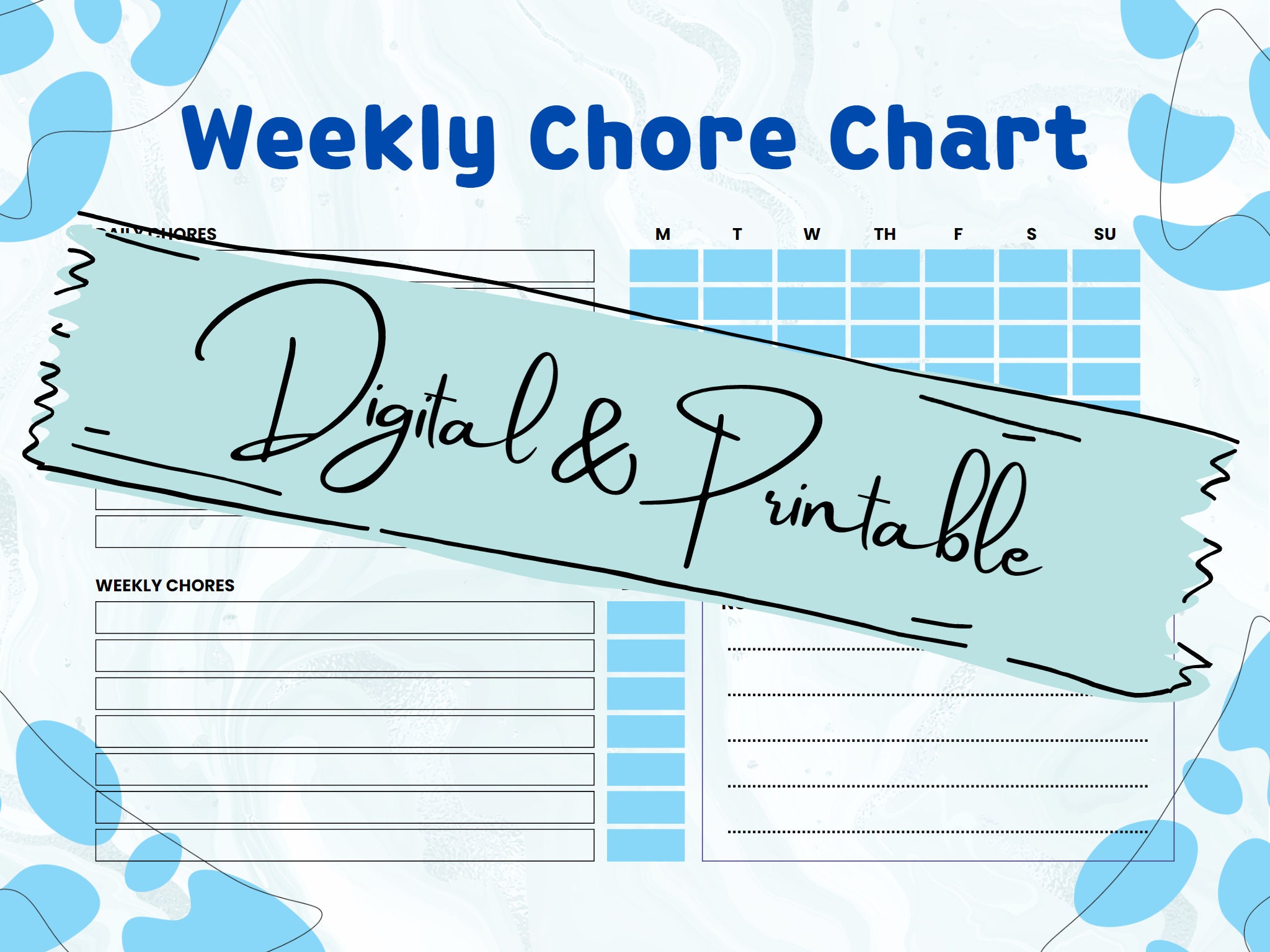 Blue Chore Chart for Kids Printable | Weekly Chore Chart for Children ...