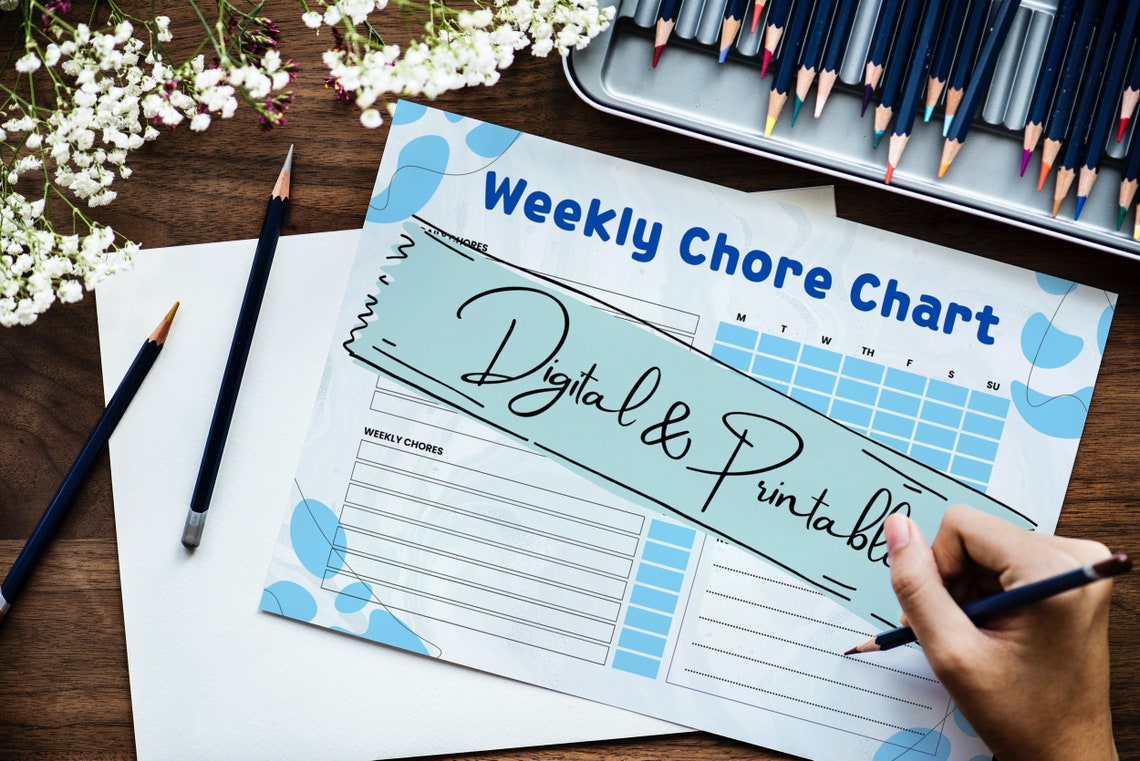 Blue Chore Chart for Kids Printable | Weekly Chore Chart for Children ...