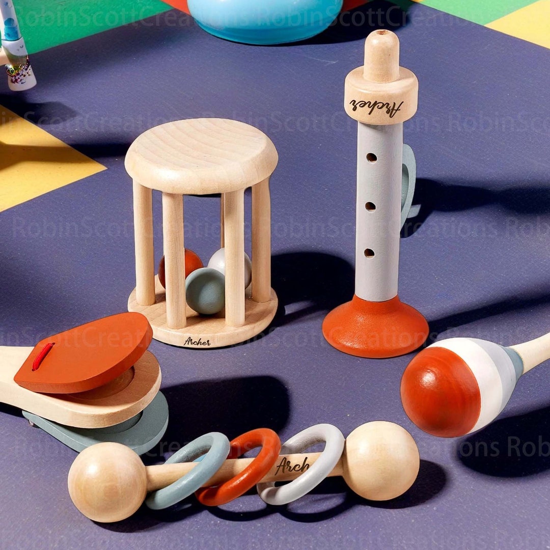 Personalise Wooden Rattle Toy Set, Handbell Musical Instrument Bell ...