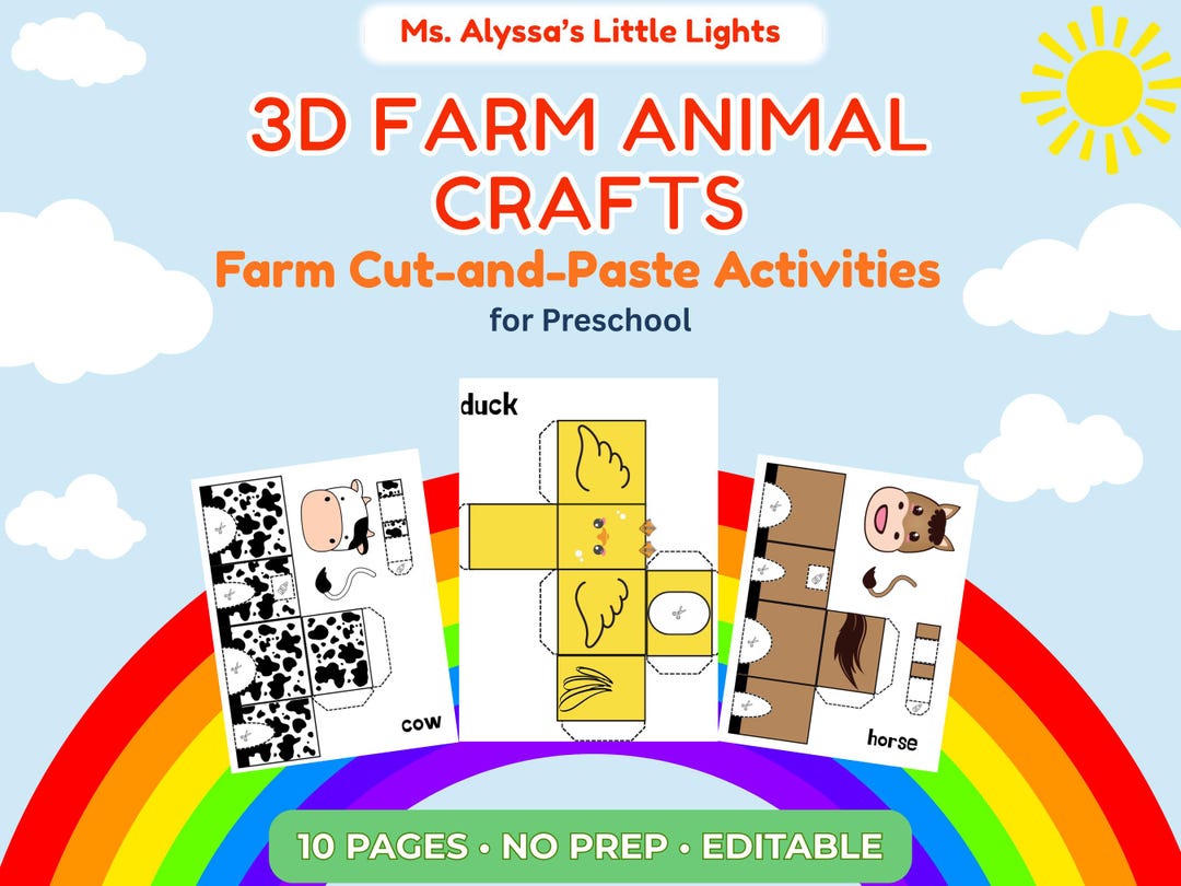 3D Farm Animal Crafts, Preschool Cut and Paste (printable PDF Format ...