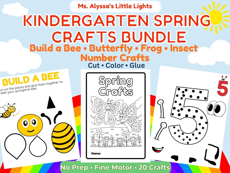 Kindergarten Spring Crafts Bundle, Insect & Number Cut Paste Activities ...